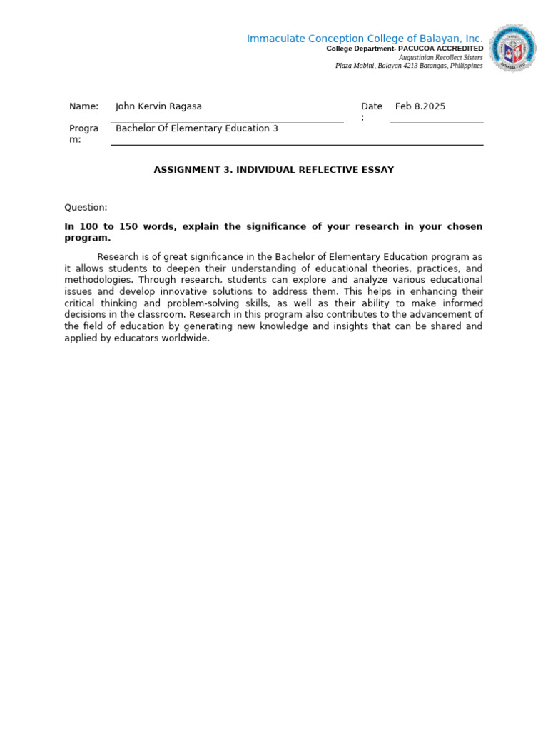 Assignment 3. Individual Reflective Essay | PDF