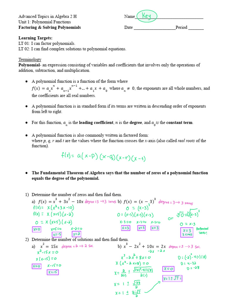 01 Factoring And Solving Polynomials Key Pdf Polynomial Zero Of A