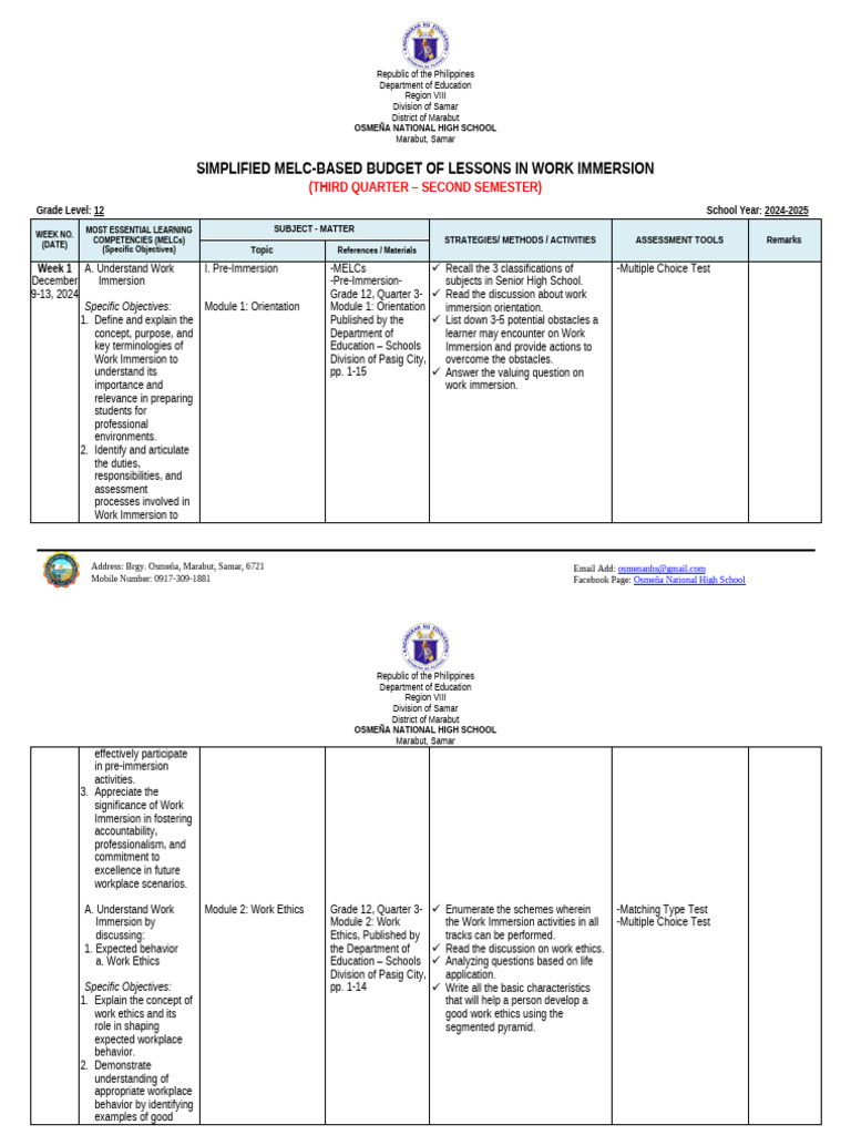 SBOL WORK IMMERSION 3rd Quarter SY 2024-2025 | PDF | Learning | Business