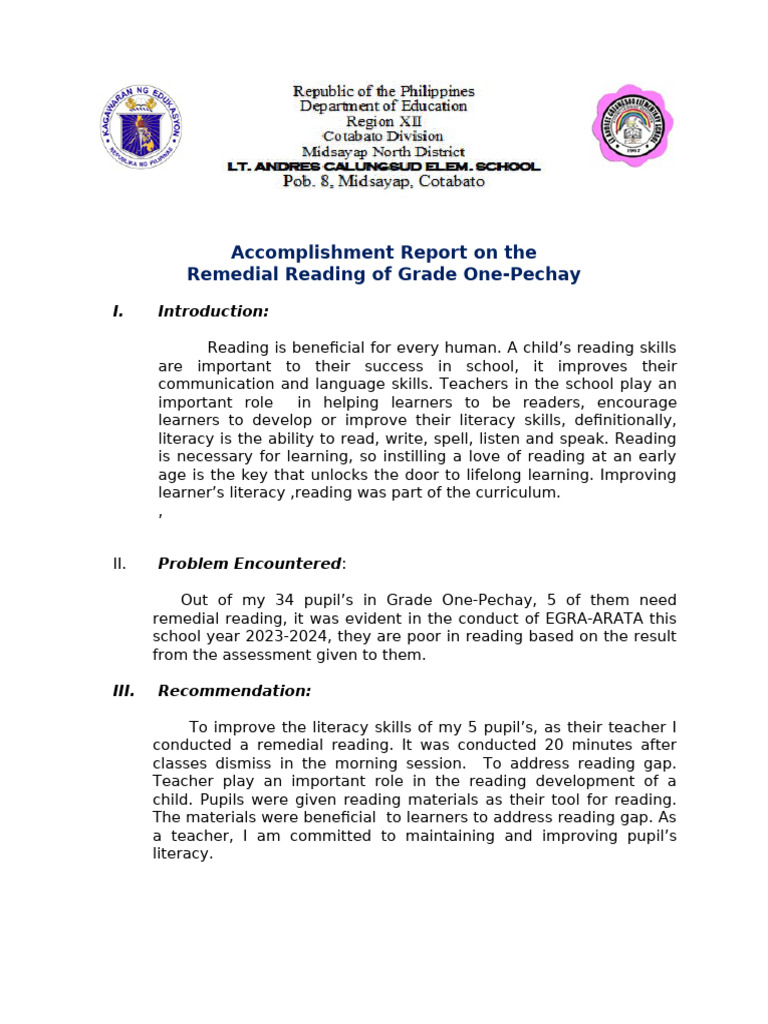 Accomplishment Report On Remedial Reading | PDF