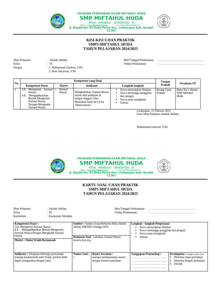(Fix) INSTRUMEN UJIAN PRAKTIK AKIDAH 2024 | PDF