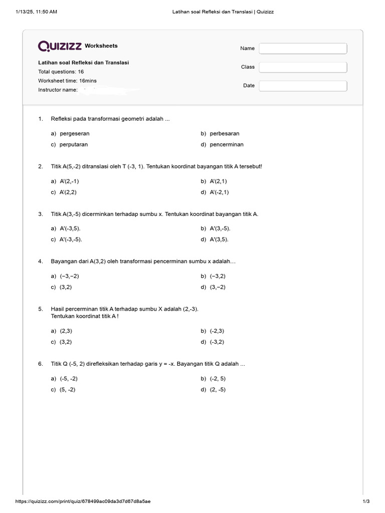 Latihan Soal 1 & 2 - Refleksi Dan Translasi - Quizizz | PDF