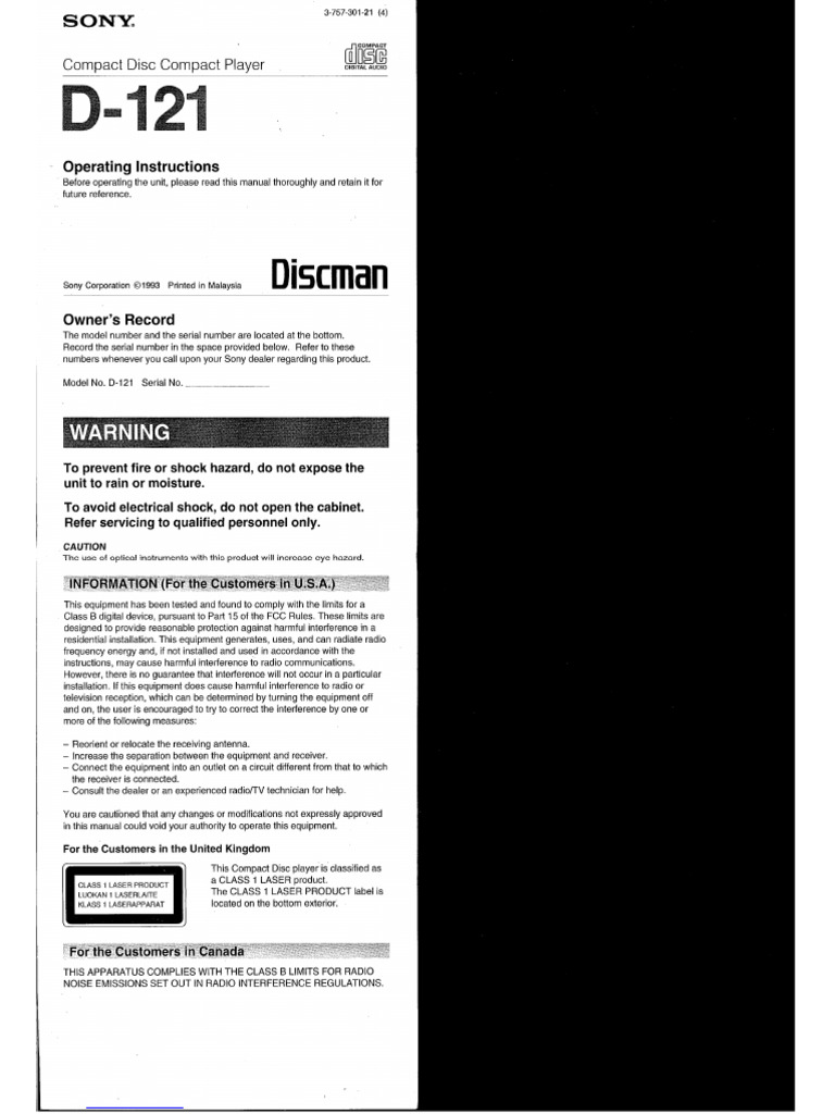 Sony Walkman D121 Operating Instructions | PDF