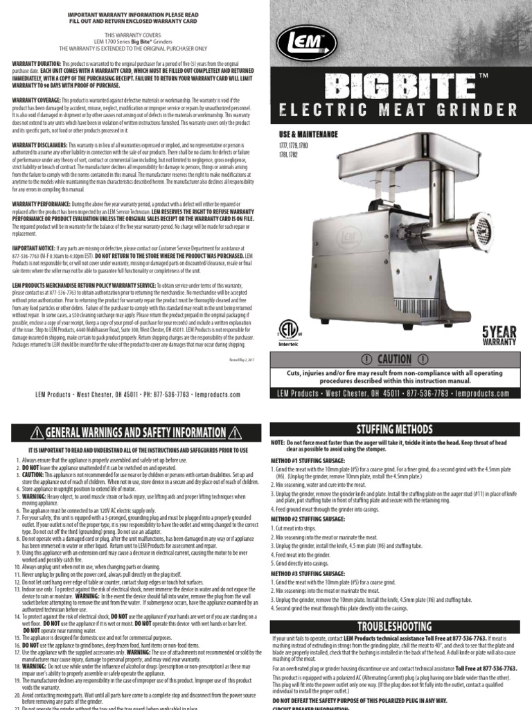 LEM BigBite #8 Meat Grinder | PDF | Ac Power Plugs And Sockets | Mill ...