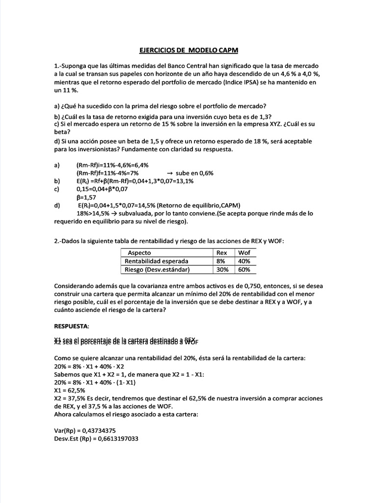 EJERCICIOS MODELO CAPM | PDF | Portafolio (Finanzas) | Modelo de fijación de precios de activos ...