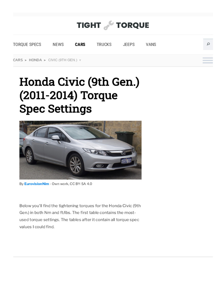 Honda Civic 9th Gen Torque Specs | PDF | Belt (Mechanical) | Clutch