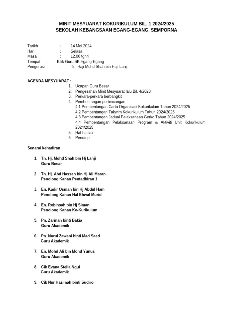 Minit Mesyuarat Bil 1 2024 | PDF