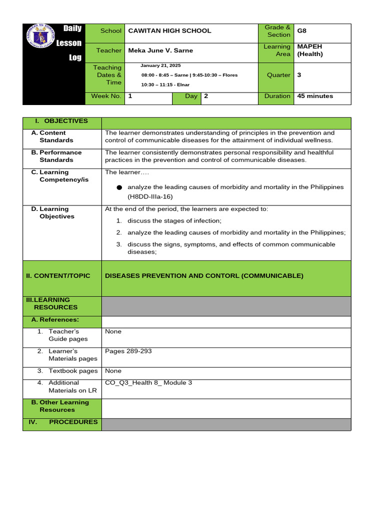 Q2-COT-LP_UNIT III DISEASES PREVENTION AND CONTORL (COMMUNICABLE) | PDF | Learning | Cognition