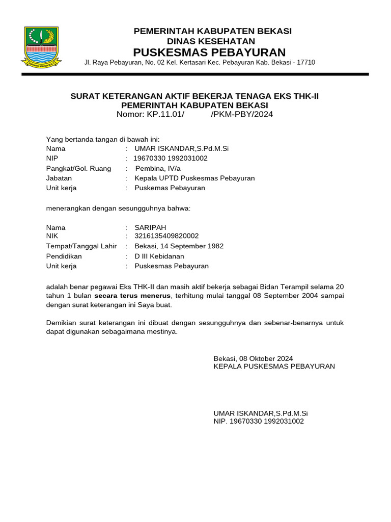 Surat Keterangan Aktif Bekerja Tenaga (Eks Thk-Ii) | PDF