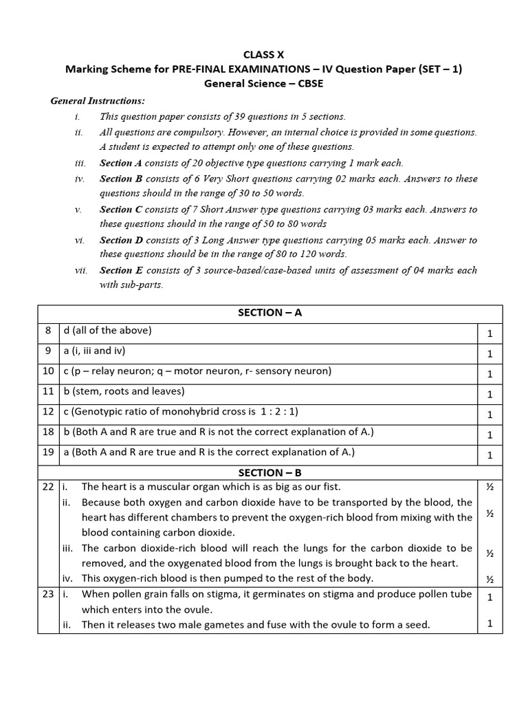 CBSE (KA & TN) - X Class General Science Prefinal - IV QP (Set - 1) Marking Scheme | PDF ...