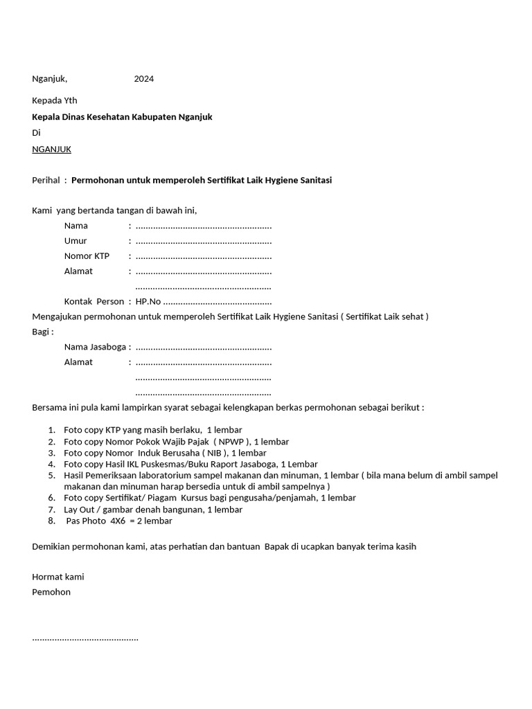 Surat Permohonan Sertifikat Laik Sehat 2020 | PDF