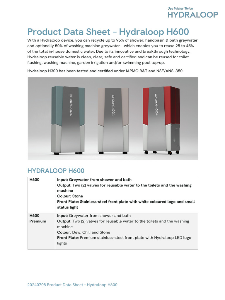 Product Data Sheet - Hydraloop H600 | PDF | Shower