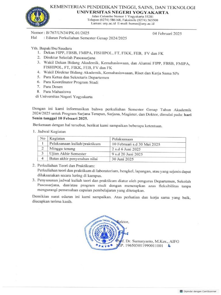 Edaran Perkuliahan Semester Genap 2024-2025 | PDF