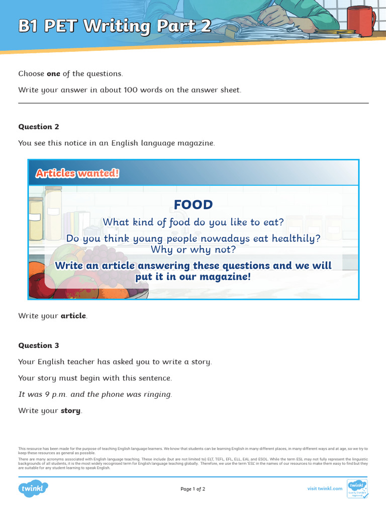 T e 1680547233 Esl b1 Pet Writing Part 2 Worksheet 2 - Ver - 1 | PDF ...