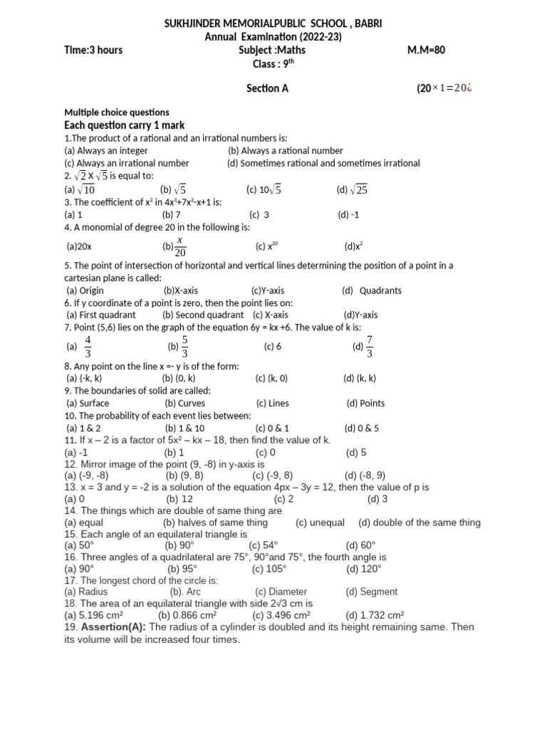 Class 9 Maths Annual Exam | PDF | Cartesian Coordinate System | Area