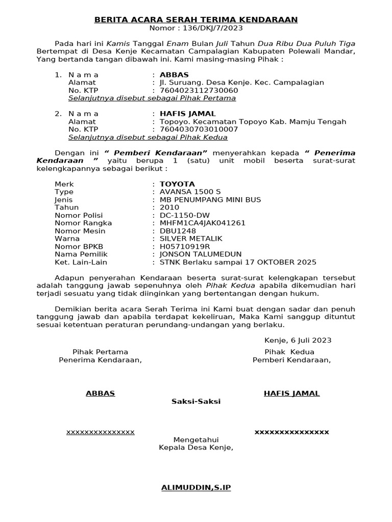 Berita Acara Serah Terima Kendaraan | PDF