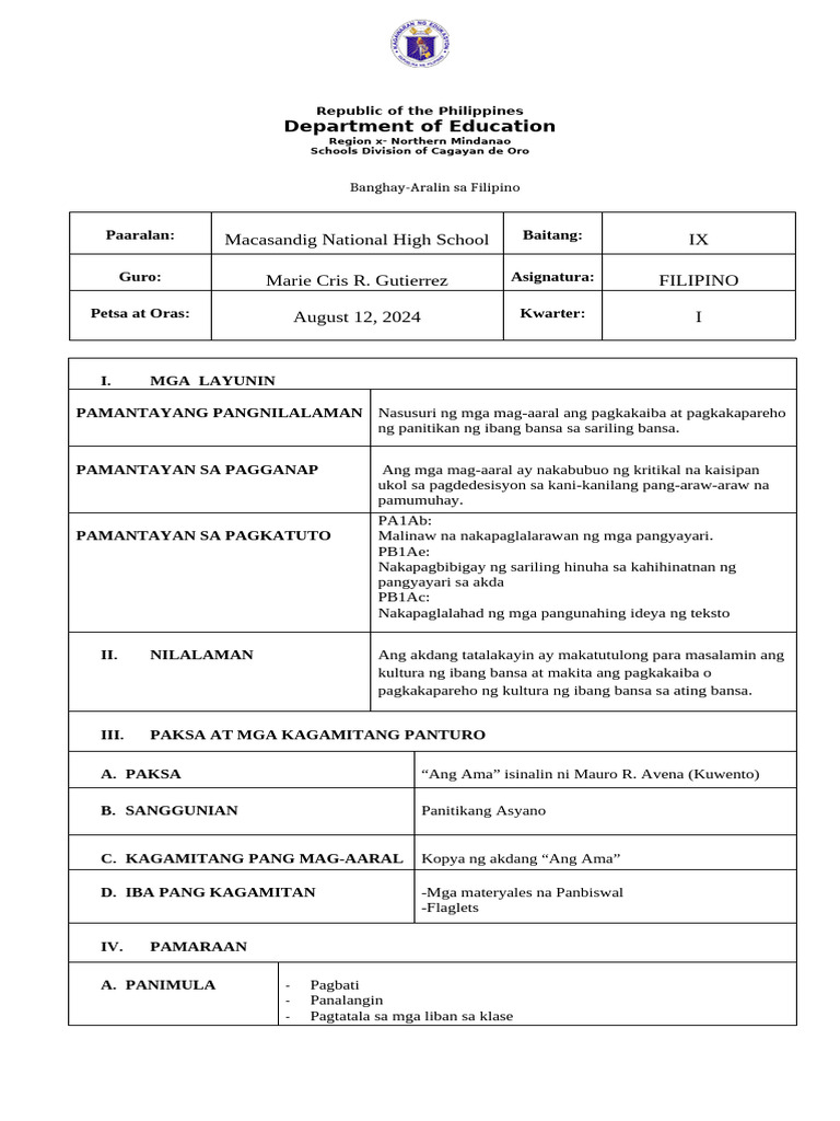 COT I - Detailed-Lesson-Plan-Ang-Ama - SY 2024-2025 | PDF