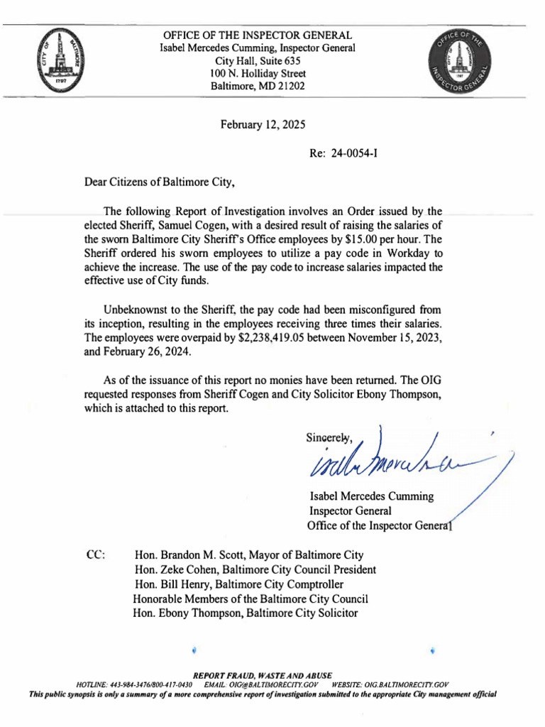 Inspector General Report On Baltimore Sheriff's Overpayment | PDF ...