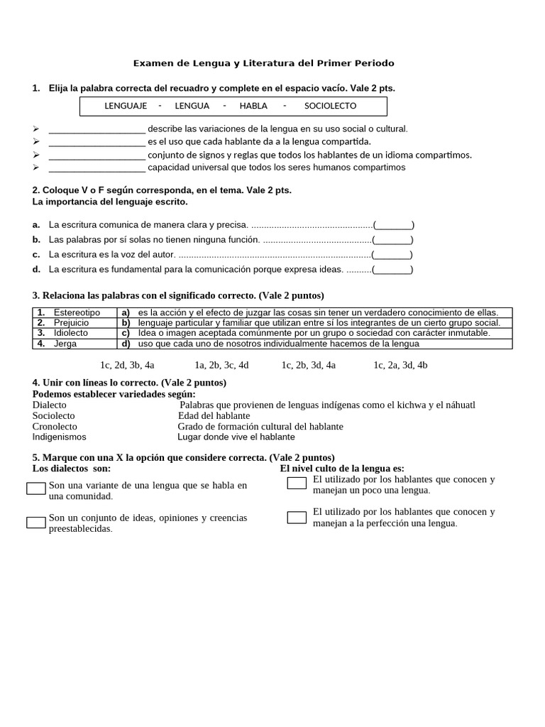 Examen de Lengua y Literatura Del Primer Quimestre 8vo | PDF | Dialecto ...