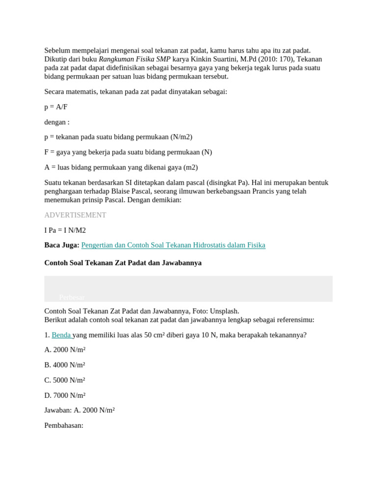 Contoh Soal Tekanan Zat Padat SMP Kelas 9 | PDF