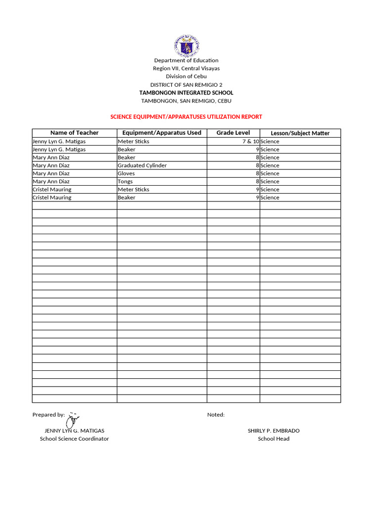 TAMBONGON Is Science Equipment Utilization Report | PDF