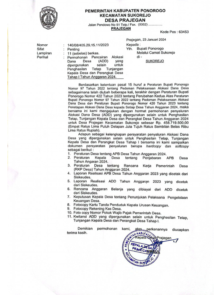 Surat Permohonan Pencairan Add Selain Siltap Tahun 2024 | PDF