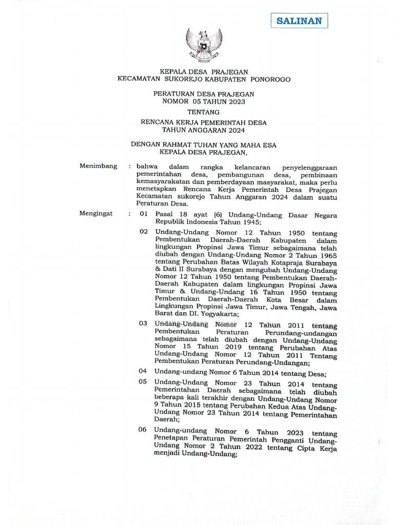 PERDES RKP Desa TA. 2024 | PDF