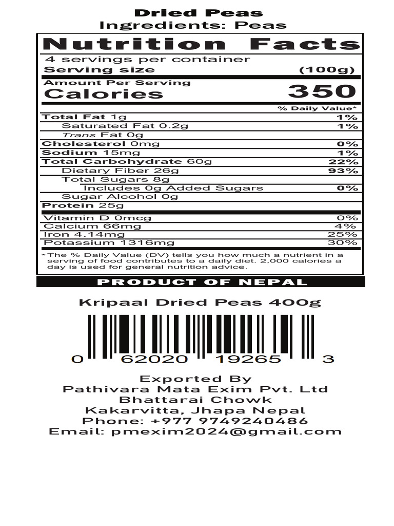 Sanu Kerau Dried Peas 400 G Nutrition Label | PDF