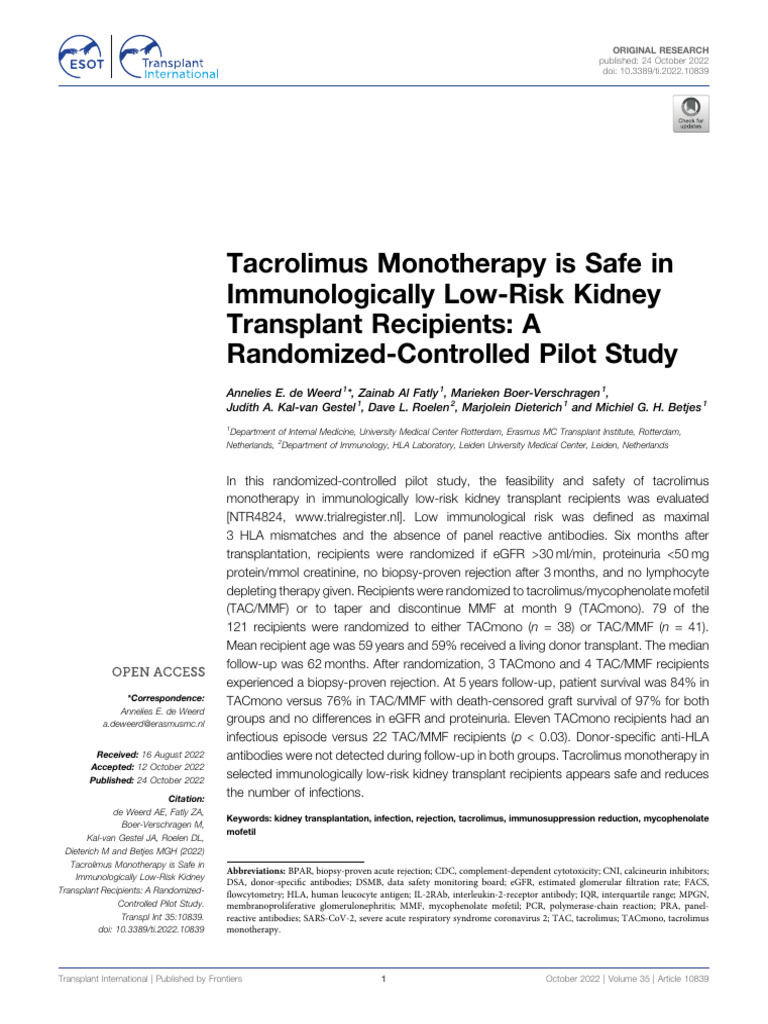Tacrolimus Monotherapy Is Safe in Immunologically | PDF | Medical ...