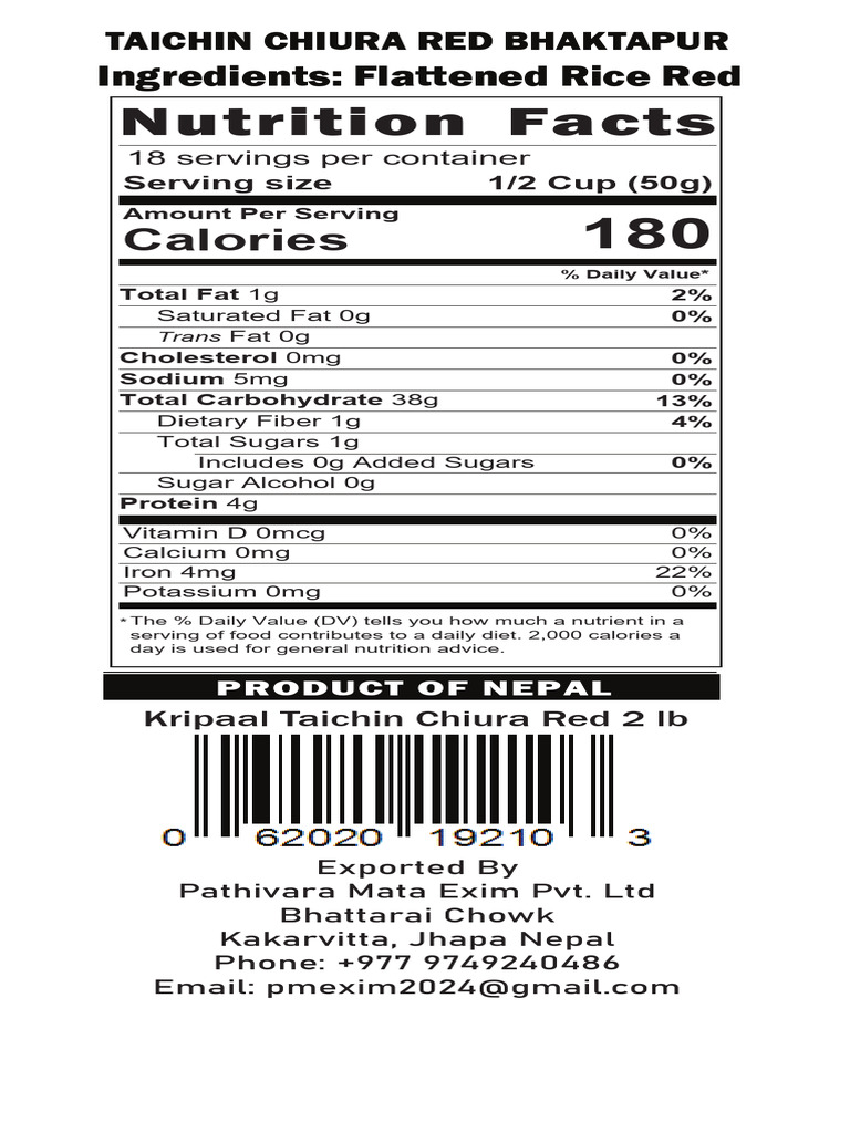 Nutrition Facts for Taichin Chiura Red | PDF