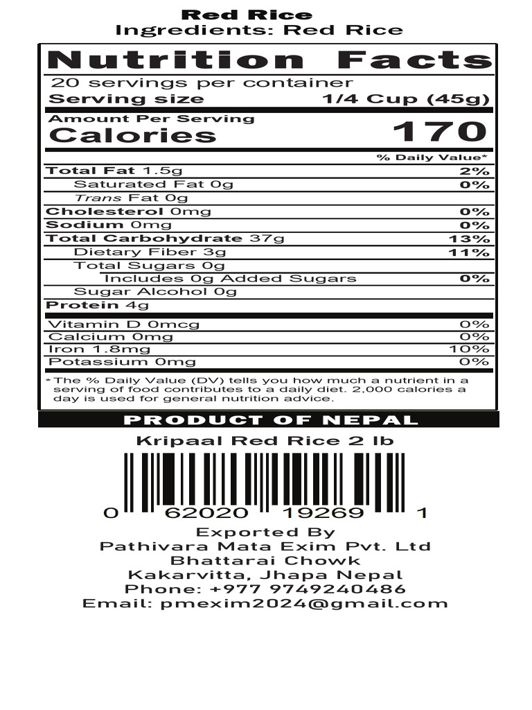 Marsi Rice 2 lb Nutrition Label | PDF
