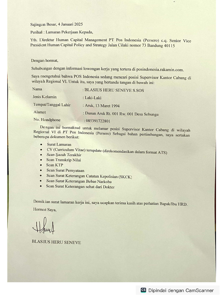 surat lamaran pos in heru | PDF