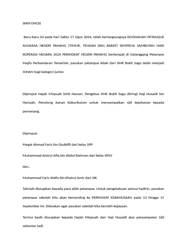 SKRIP EMCEE Penyampaian Medal Atau Sijil | PDF