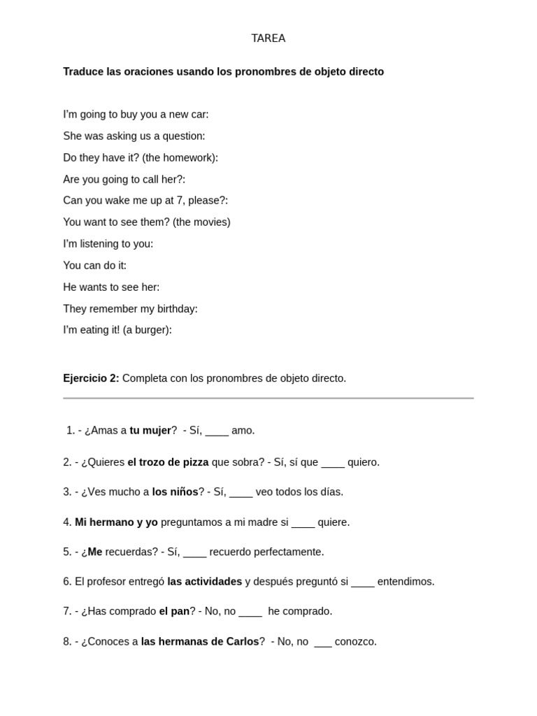 Tarea Pronombres de Objeto Directo | PDF
