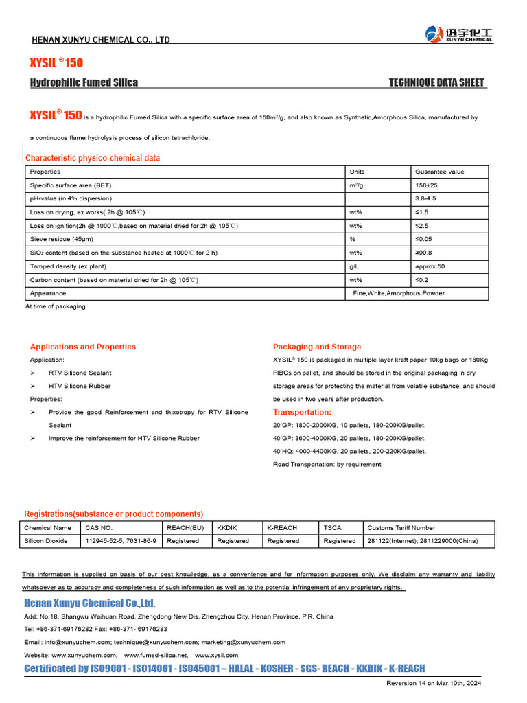 TDS-XYSIL150 Fumed Silica | PDF | Silicon Dioxide | Silicone