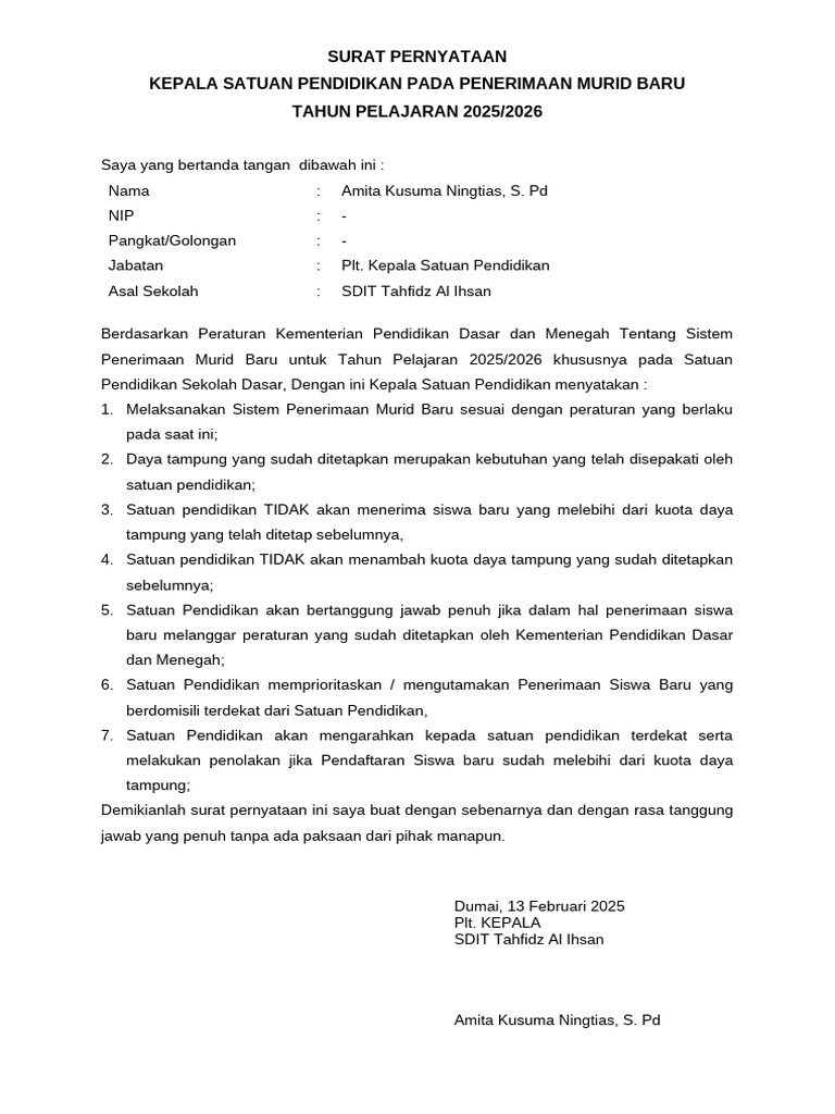 Surat Pernyataan Penerimaan Murid Baru 2025 | PDF