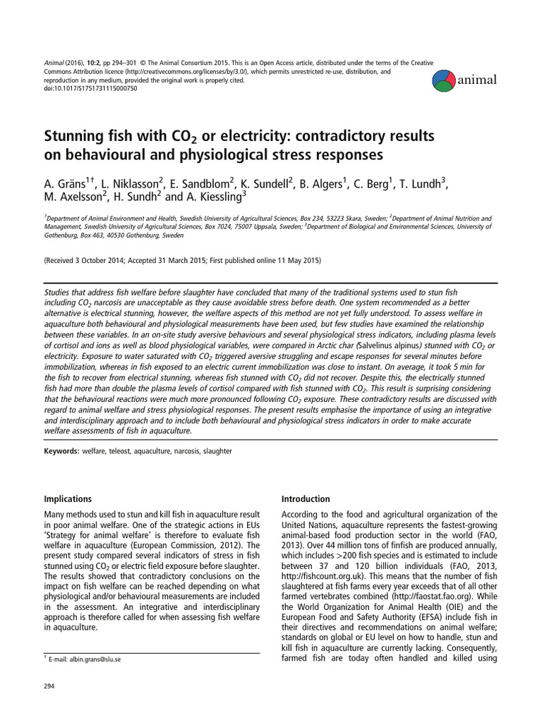Grans Et Al 2016 CO2 Vs Electrical Stunning | PDF | Aquaculture ...