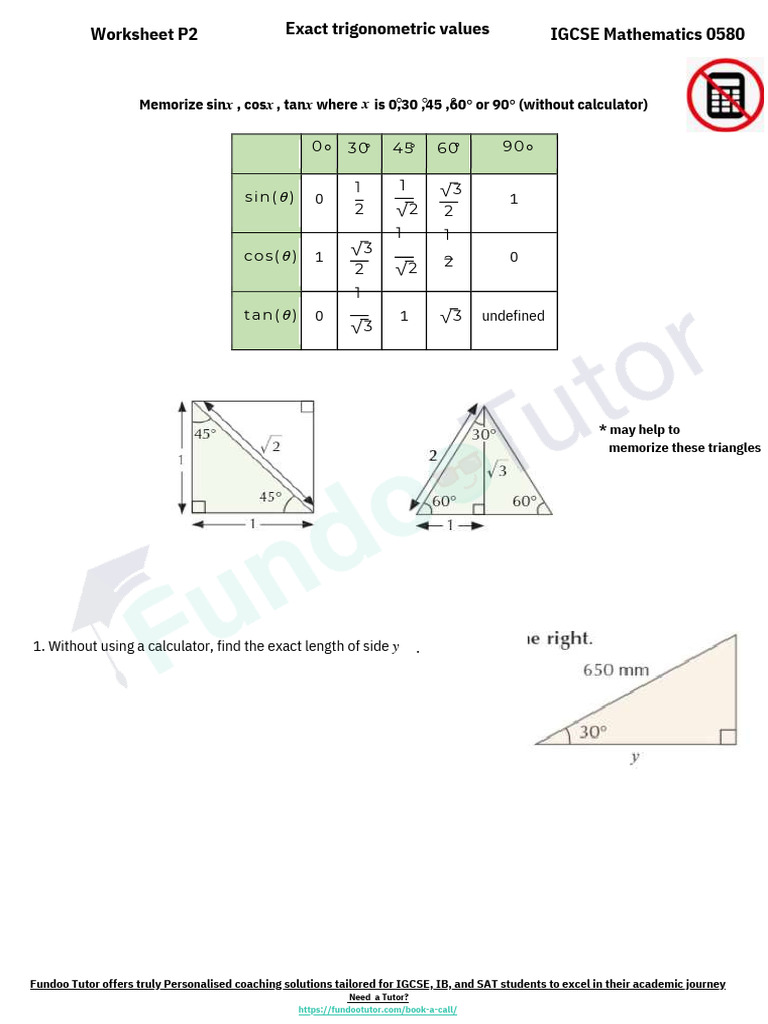 IGCSE Math 0580 Exact Trignometric Values Worksheet P2 | PDF | Trigonometry | Elementary Mathematics