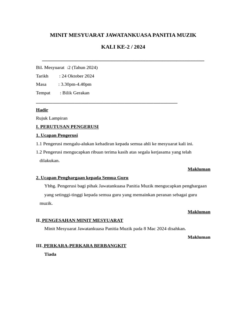 MINIT MESYUARAT Muzik Kali 2 2024 | PDF
