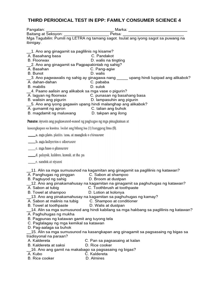 PT_G4 MATATAG EPP-FAMILY CONSUMER SCIENCE 4_Q3 V3 | PDF