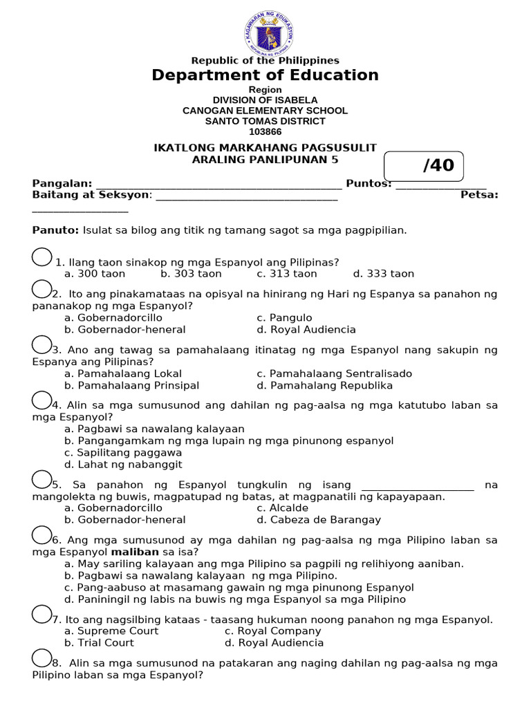 Grade 5 Q3 AP Periodical Test 1 | PDF