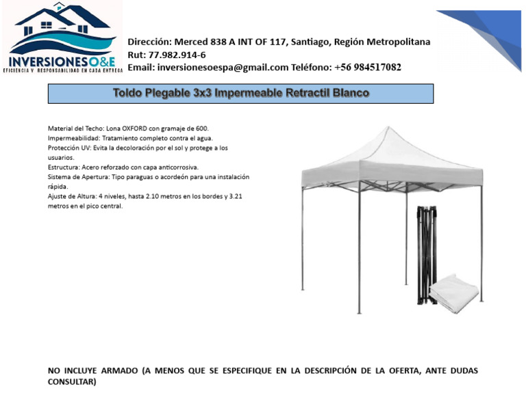 Ficha tecnica inversionesO&E spa Toldo Plegable 3x3 Impermeable ...