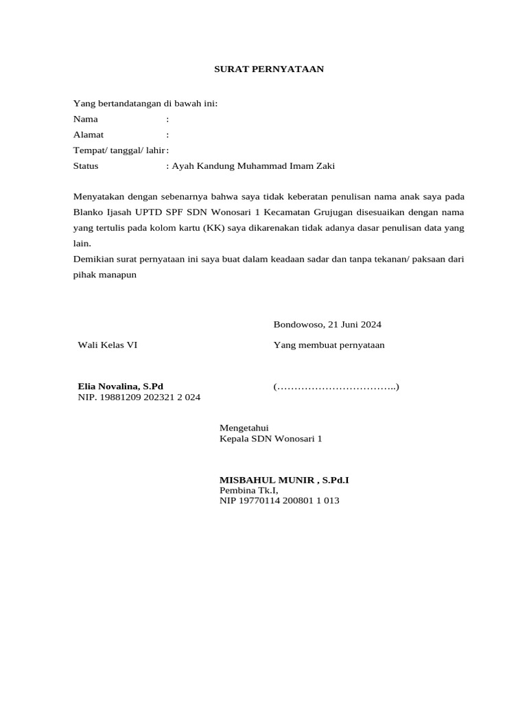 Surat Pernyataan Zaki | PDF