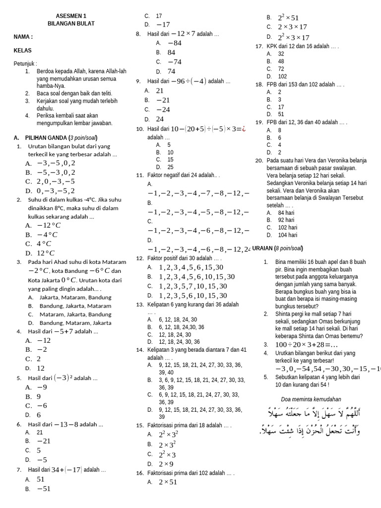 Pilihan Ganda UH Bil - Bul | PDF