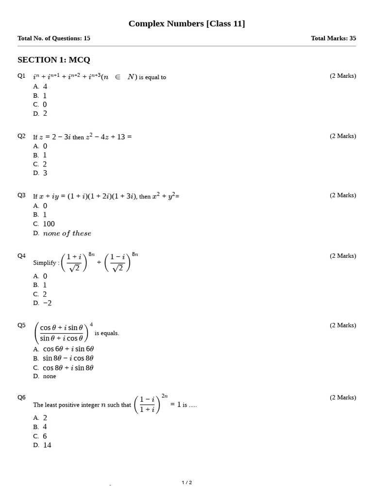 Complex Numbers Class 11 | PDF | Mathematical Objects | Mathematics