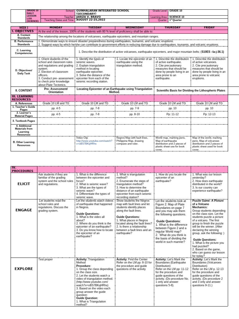 Daily Lesson Log 10 Exemplar | PDF | Earthquakes | Fault (Geology)