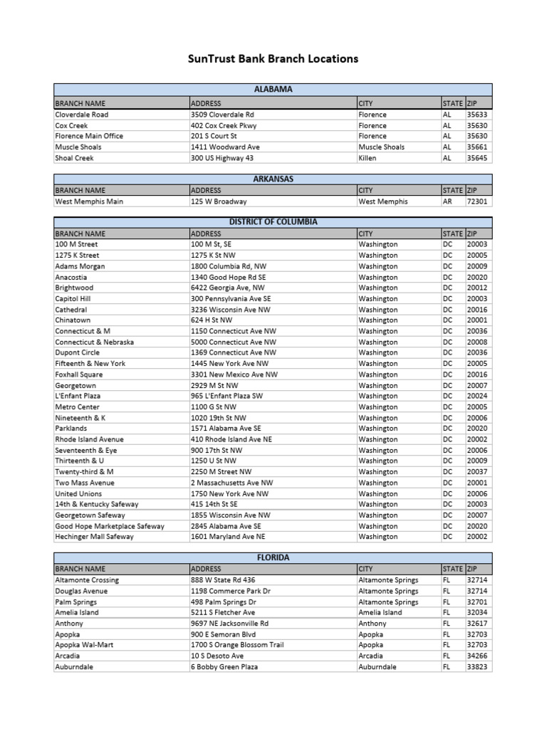 SunTrust Branch Addresses | PDF | Washington | Miami