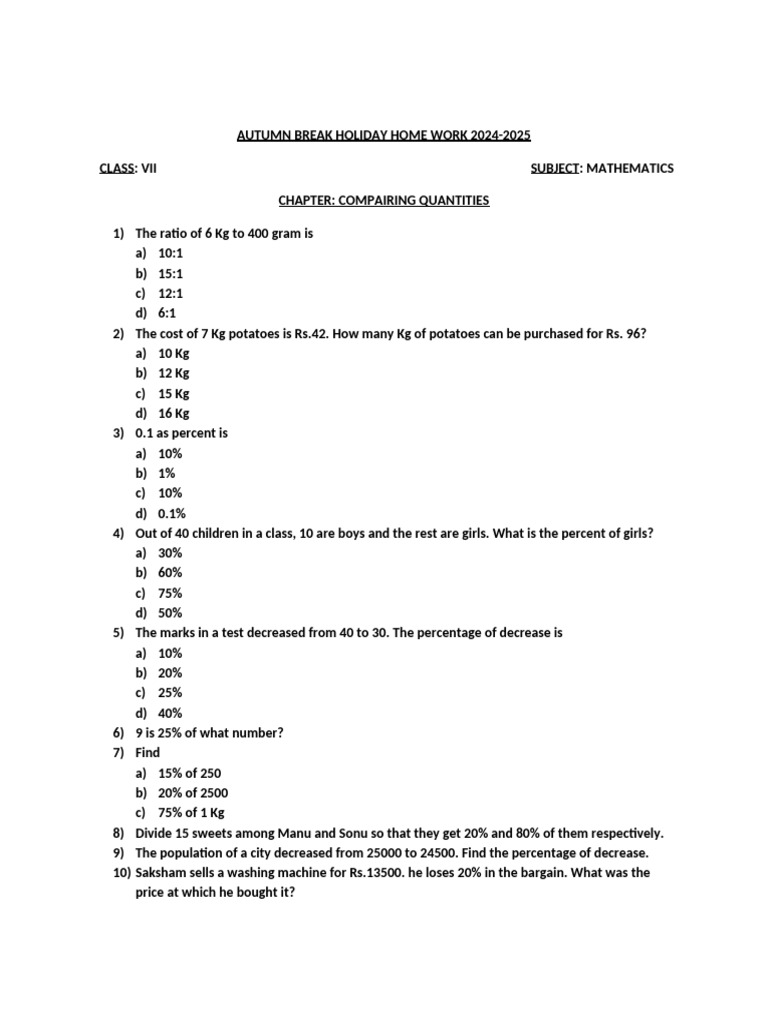Class VII Math: Comparing Quantities Worksheet | PDF