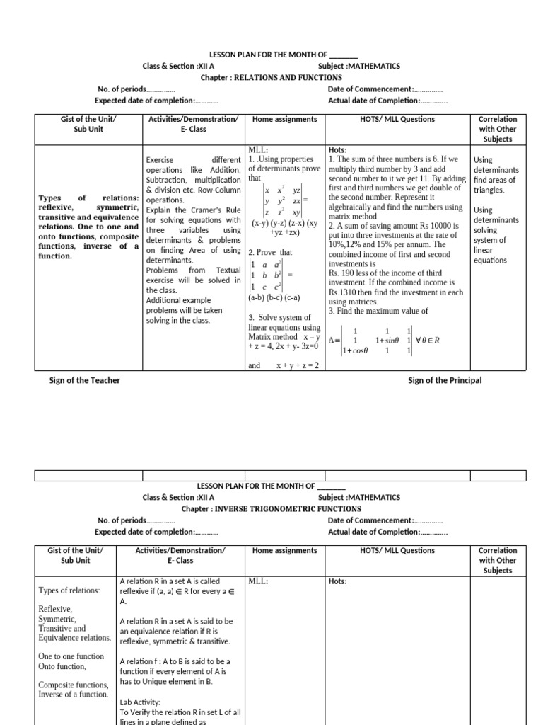 LESSON PLAN class xii | PDF | Matrix (Mathematics) | Determinant