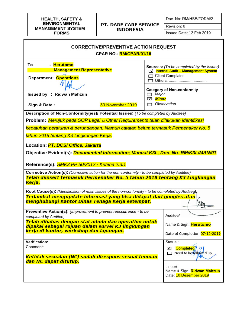 Contoh Isian CPAR Oleh Auditee | PDF | Audit | Systems Thinking